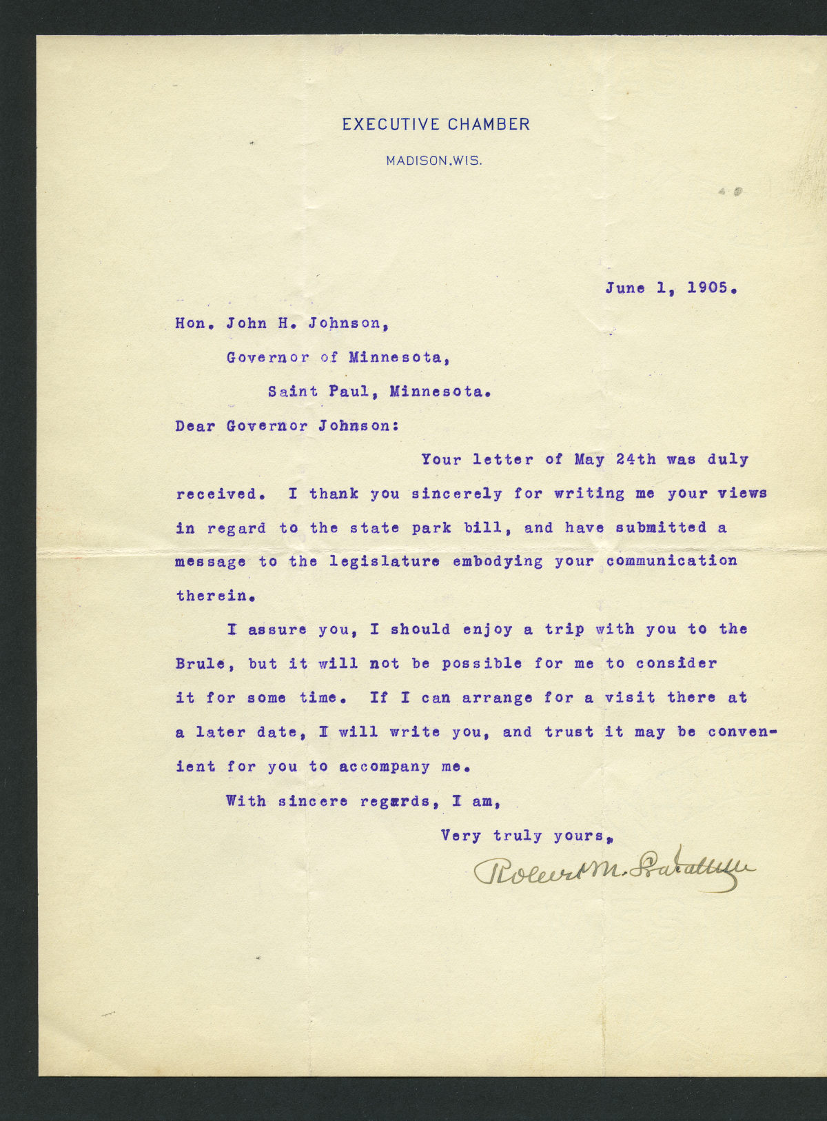 Letter – Robert M. La Follette, Governor of Wisconsin – New Ulm Art ...